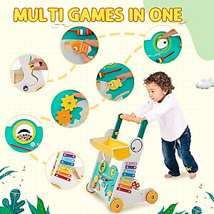 Wooden Baby Push Walker Wooden Push Toy Sit-to-Stand Learning Walkers for Baby Toddlers Baby Walker Activity Center Toys Fishing Game for 1+ Year Girls Boys Multi-Activity Learning Walker