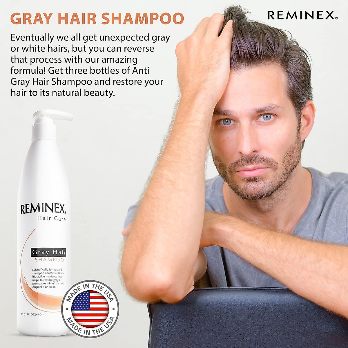 Reminex Anti Gray Hair Shampoo - Proprietary Treatment Infused with Argan Oil To Help Restore Gray And White Hair To Its Natural Color - 13.5 Oz No Paraben (1 Pack)