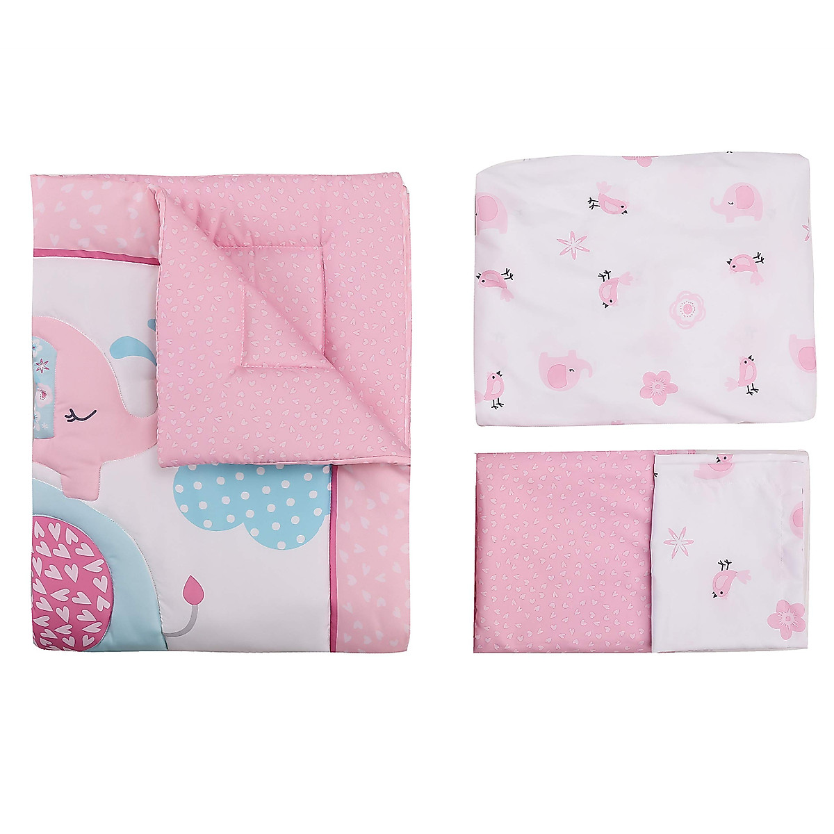 Brandream Pink Grey Elephant Crib Bedding Sets for Baby Girls | 3 Piece Nursery Set | Crib Comforter, Fitted Crib Sheet, Crib Skirt Included with Exotic Floral Design