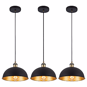 ElesiLuce Industrial Black Gold Pendant Lights 3-Pack Vintage Mini Dome Pendant Light Fixtures with Golden Finish 10“ Rustic Farmhouse Black Pendant Lights for Kitchen Island, Dining Room, Bedroom