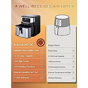 Acezoe Stainless Steel 7.4 QT Digital Air Fryer 1700-Watt with 9 Preset Cooking Functions, LED Touchscreen, Non-Stick Coating, 43 Recipes, Easy to Clean, Auto Shut-Off