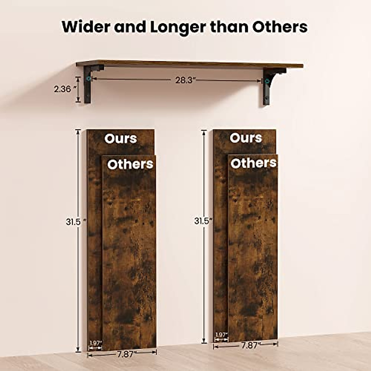 EZFurni 31.5'' Large Floating Shelves Wood for Wall, Set of 2 Wider Floating Wall Shelves for Wall Decor,Solid Wall Shelves for Bedroom,Kitchen, Versatile Wall Mounted Shelves,Rustic Brown