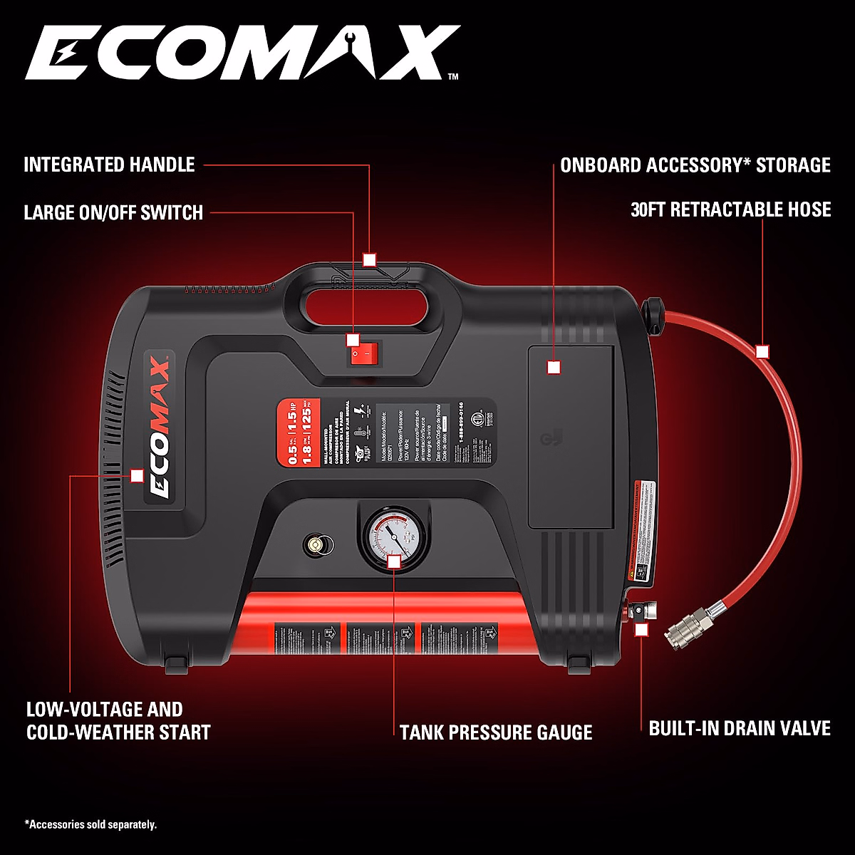 ECOMAX Portable Air Compressor, Wall-Mount Compressor with 30 Feet Air Hose, Mini Tank 125 PSI MAX Pressure & 1.5 HP, Oil-free Long Life Cycle for Shop, Garage and Home