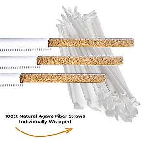 AGAVE FIBER STRAWS - 100ct Individually Wrapped Biodegradable 8.2" Straws by Ecoware. Plant Based, Eco-friendly, 100% Recyclable, Alternative to Paper & Plastic Straws