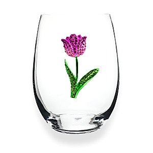 THE QUEENS' JEWELS Tulip Jeweled Stemless Wine Glass, 21 oz. - Unique Gift for Women, Birthday, Cute, Fun, Not Painted, Decorated, Bling, Bedazzled, Rhinestone