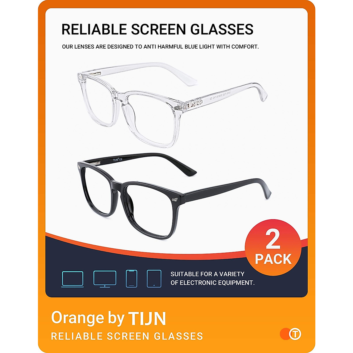 TIJN 2 Pack Blue Light Blocking Glasses, Computer Reading/Gaming/TV/Phones Glasses for Women Men,Anti Eyestrain & UV Glare