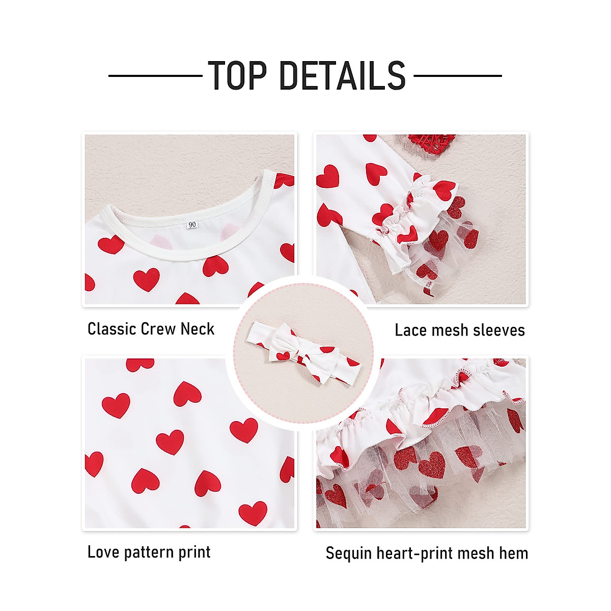 Toddler Baby Girl Valentine's Day Outfit Long Sleeve Ruffle Heart Printed Top Bell Bottom Pants Headband 3Pcs Set