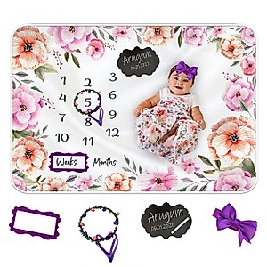 ARUGUMBABY Baby Milestone Blanket Girl - Baby Photo Blanket - Growth Chart Blanket for Baby Girl - 60" x 40" Large (Purple Floral)