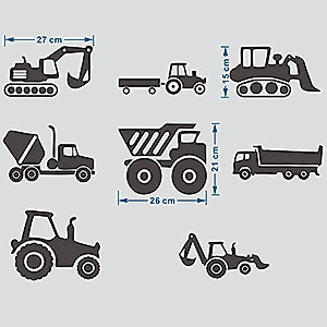ANFRJJI Construction Vehicle Wall Decal - Excavator Bulldozer Mixer Truck PVC Removable Wall Sticker with 8 City Construction Vehicles - Construction Truck Tractor Peel and Stick for Kids Room Art Murals DecorationsJWH130 (black)