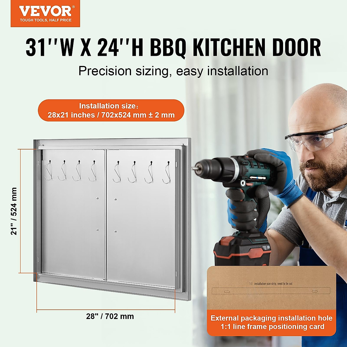 VEVOR Outdoor Kitchen Double Wall BBQ Access Door, 31W x 24H Inch Stainless Steel Flush Mount Door with Handles and Hooks for Grilling Station