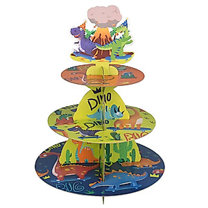 YHomU 3-Tier Dinosaur Cupcake Stand, Dinosaur Themed Birthday Party Decorations, Sturdy Cardboard Cake Holder, Round Dessert Display Tower, Stable Serving Stand for Weddings, Birthdays, Parties