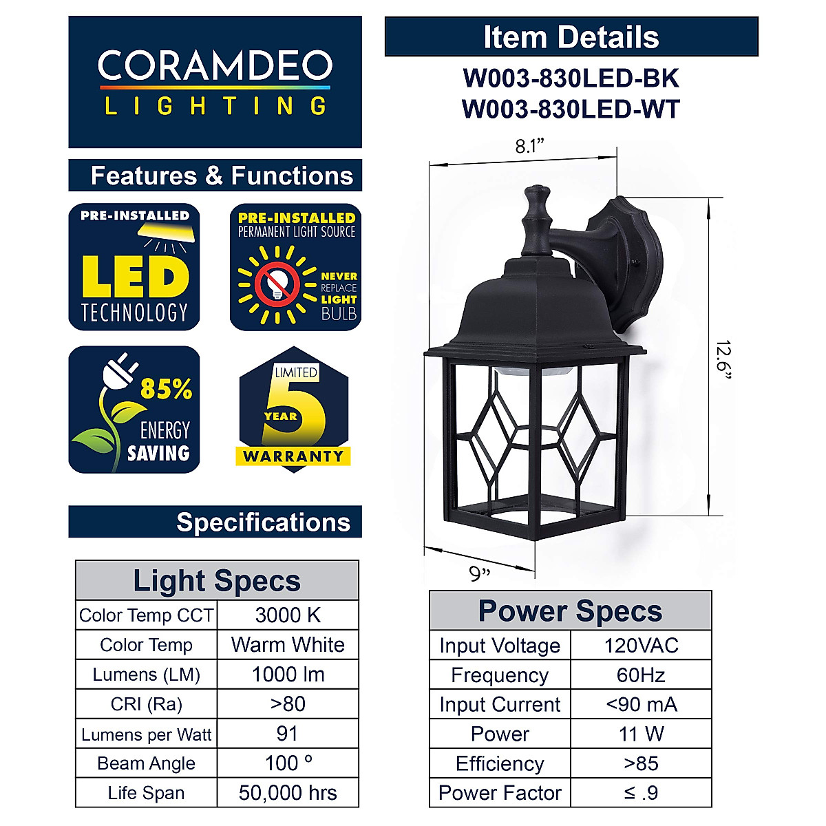 CORAMDEO Outdoor LED Square Wall Sconce Light for Porch, Patio, Deck, Wet Location, Built in LED Gives 100W of Light from 11W of Power, 1000 Lumens, 3K, Durable Cast Aluminum with White Finish