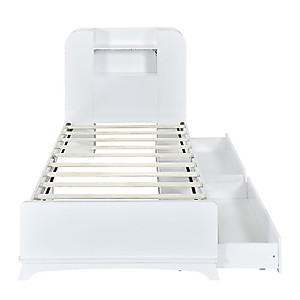 Brisca Twin Size Storage Platform Bed Frame with Two Drawers and Light Strip,Headboard W/ 3 Storage Shelves,for Bedroom,Apartment,Guest Room,White