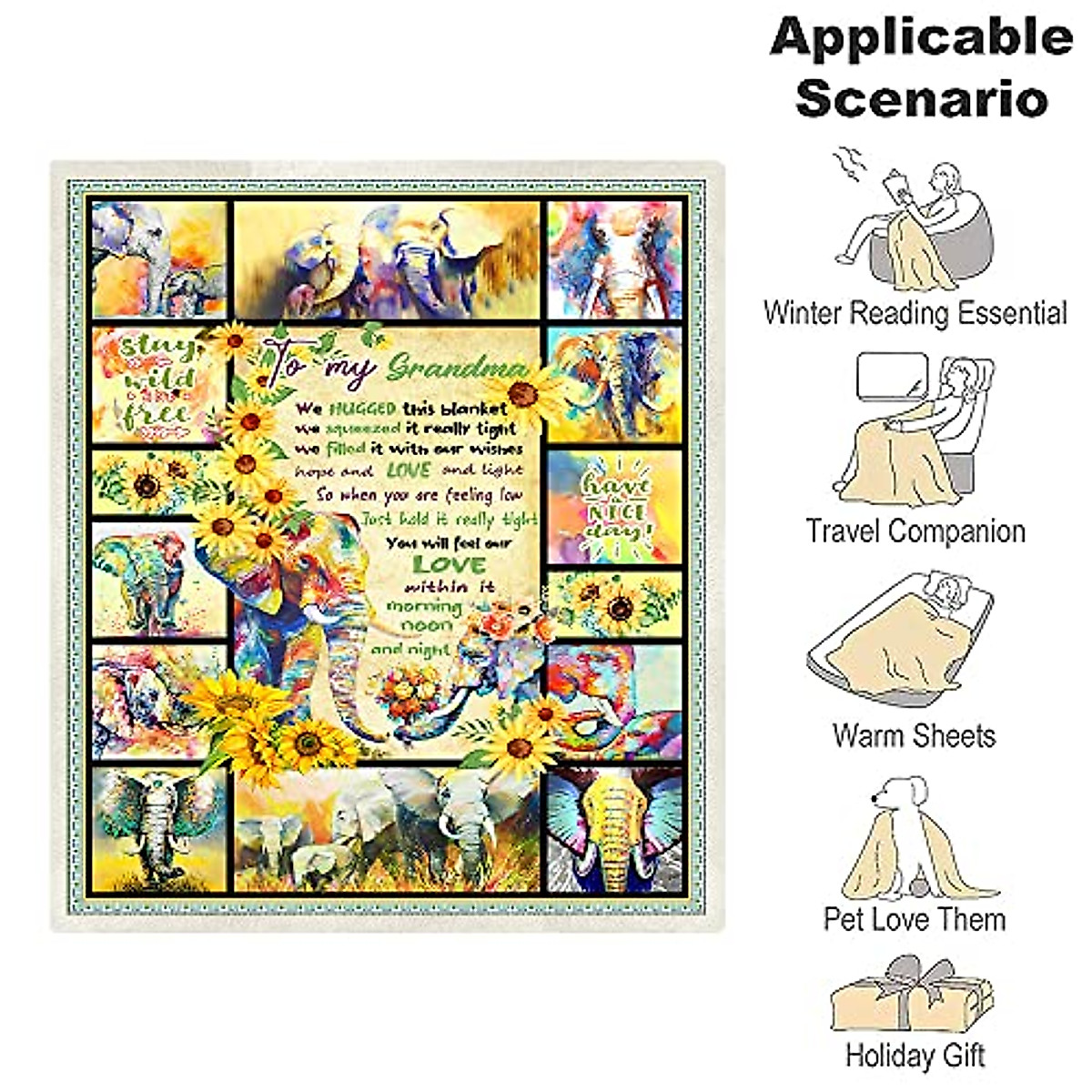 Onecmore Grandma Gifts Throw Blanket Grandma Christmas Birthday Gifts, Gifts for Grandma,Best Great Grandma Gifts,Nana Mothers Day Flannel Bed Sofa Blanket,Sunflower Elephant Throw Blanke