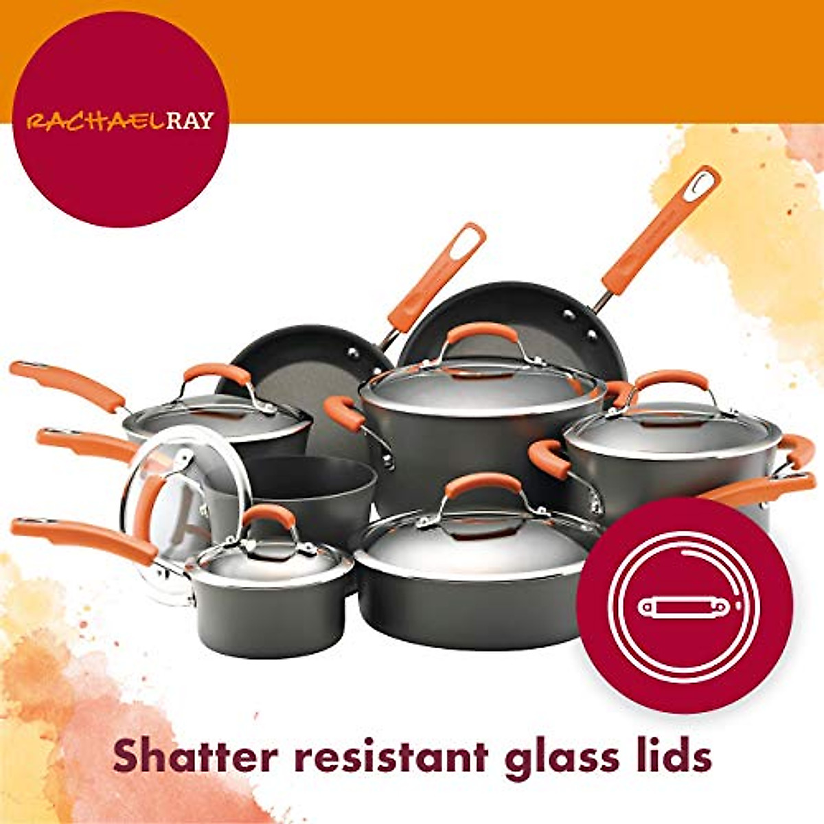 Rachael Ray Brights Hard-Anodized Nonstick Cookware Set, 14-Piece Pot and Pan Set, Gray with Orange Handles & Ray Brights Hard Anodized Nonstick Pasta Pot/Stockpot/Stock Pot - 8 Quart, Gray