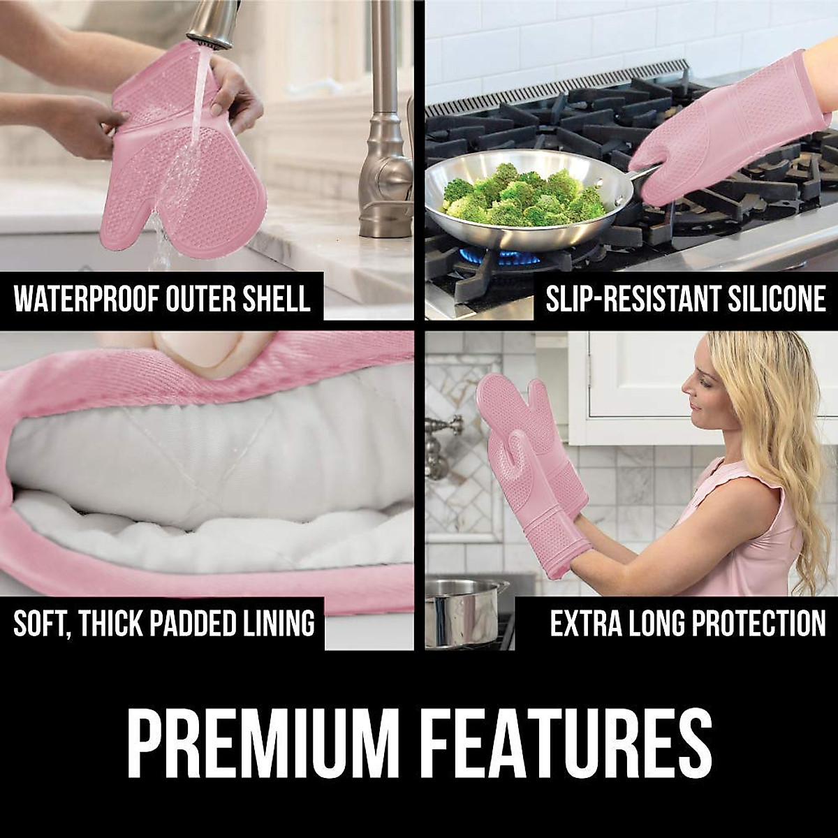GORILLA GRIP BPA-Free Soft Silicone Oven Mitts, Heat and Slip Resistant Thick Cotton Lined Cooking Mitt Set, Long Flexible Potholders Protect Hands, Kitchen Essential Waterproof Gloves, 12.5" Pink