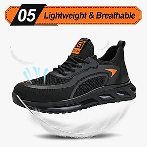 Steel Toe Shoes for Men Comfortable Lightweight Indestructible Work Sneakers for Men Puncture Proof Slip On Safety Shoes for Industrial,Coustruction Black