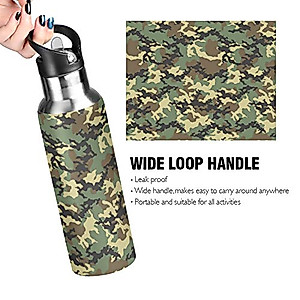 AUUXVA Military Print Camo Water Bottle Vacuum Insulated Stainless Steel Thermos Mug Kids Water Bottle with Straw and Handle Keep Hot Cold Sport Bike Fit Travel Outdoor 20 oz