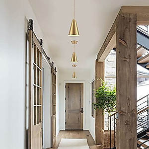 Gold Pendant Lights Kitchen Island,Dining Room Light Fixtures Over Table 3 Pack with Brushed Brass Cone Metal Shade, Modern Farmhouse Mini Chandeliers,Adjustable Cord Hanging Lighting for Bar,Sink