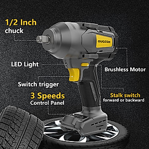 Cordless-Impact-Wrench 1/2 Inch for Dewalt Battery, 900FT-LBS(1200N.M) High Torque 1/2 Brushless Impact-Driver,Electric Impact Gun with Working Light,2800RPM (No Battery)