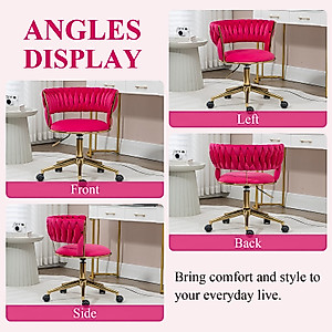 Allnifurv Home Office Chair with Hand Woven, Velvet Upholstered Desk Chair with Open Back, 360° Swivel & Height Adjustable Task Chair, Ergonomic Office Chair with Gold Base (Rose Red)