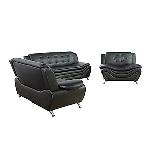 EZLUX Modern 3-Piece Faux Leather Sofa Set Living Room Furniture, with Sturdy Leg Support, Including Three-Seater Couch, Loveseat and Single Chair, Black
