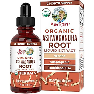 MaryRuth Organics Ashwagandha Root | USDA Organic Ashwagandha Liquid Drops | Stress Relief, Natural Calm, Relaxation and Mood Support Supplement | Adaptogenic | Nervine | Vegan | Non-GMO | 60 Servings