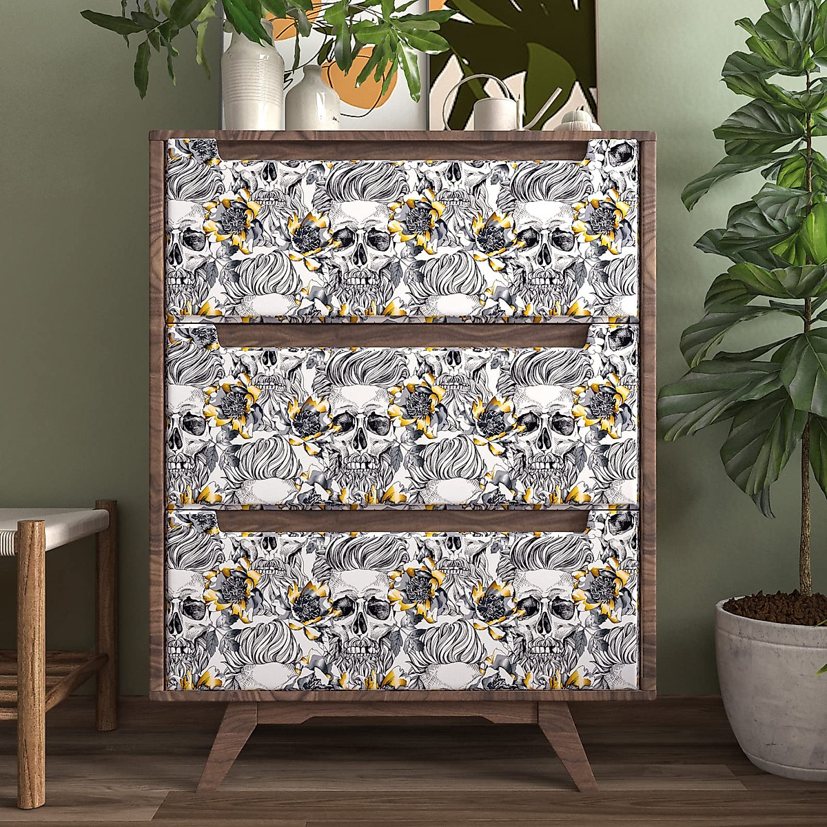 STICKEEP Skull Floral Wallpaper Stick and Peel Boho Gold Floral Peel and Stick Wallpaper for Bedroom Bathroom Wall Paper Black White Floal Contact Paper for Cabinets Self Adhesive Vinyl Roll 24”x118”