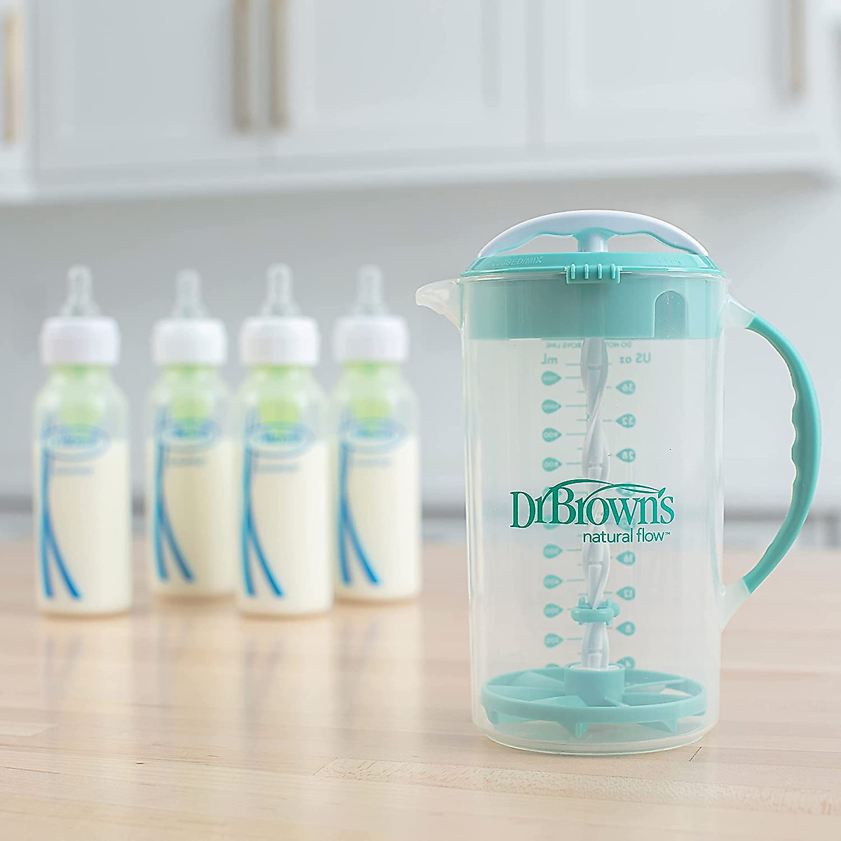 Dr. Brown's Baby Formula Mixing Pitcher 32oz, Teal with Anti-Colic Options+ Narrow Baby Bottles, 4 Pack, 4 oz