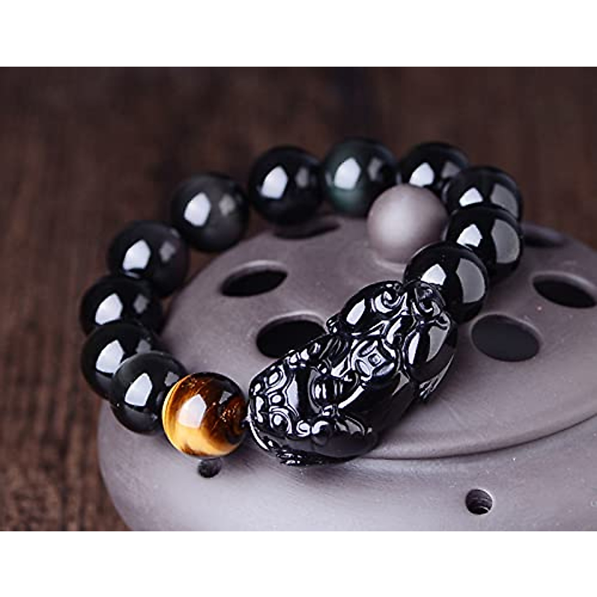 TTXSHYH Black Obsidian Bracelet,Feng Shui Black Obsidian Wealth Bracelet,Women Men Stretch Obsidian Bracelet with Pixiu Tiger Eye Stone Attract Wealth Money and Good Luck