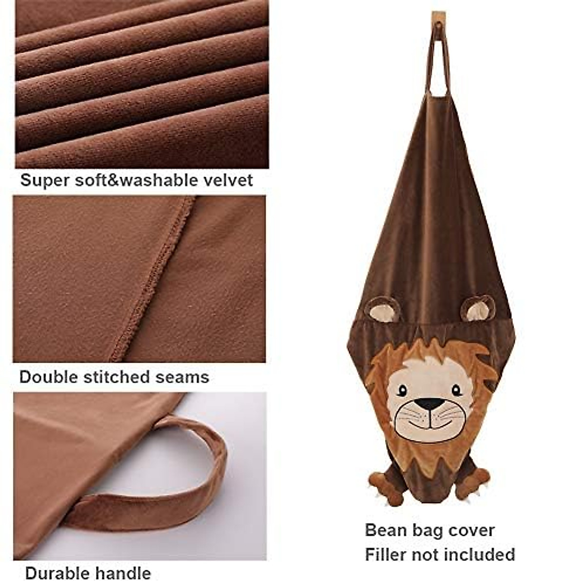 Cool Lion Bean Bag Chairs for Boys Room Decor, Stuffable Zipper Beanbag for Organizing Children Plush Toys, Extra Large Size, Velvet Super Soft Cover Only