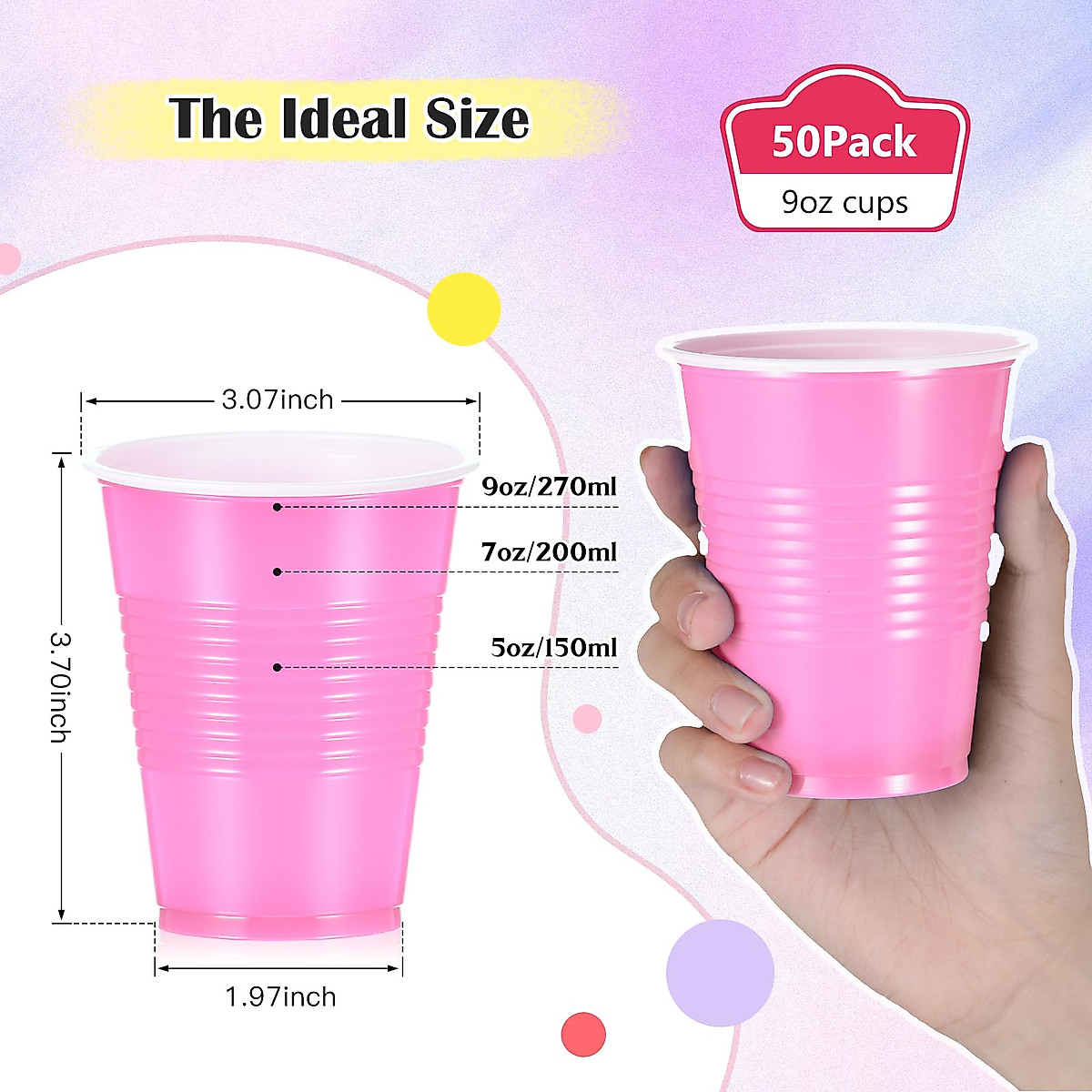 Uiifan 50 Pieces 9 oz Plastic Cups Disposable Drinking Cups Bulk for Beverage Coffee Picnics Christmas Day Birthday Party Wedding Halloween Thanksgiving(Pink)