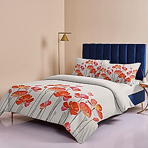 Pastoral Queen Duvet Cover 4 Piece Bedding Set Watercolor Red Poppy Flower Microfiber Quilt Cover Ultra Soft Flat Sheet and 2 Pillow Cases Abstract Blooming Floral Bedding Sets for Bedroom Decor