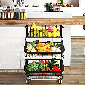 Fruit Vegetable Basket, 1Easylife 3 Tier Stackable Metal Wire Basket Cart with Rolling Wheels, Utility Rack for Kitchen, Pantry, Garage, With 2 Free Baskets (3 tier)