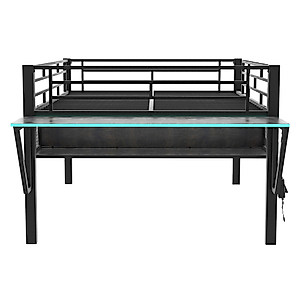 HZSSDTKJ Full Size Mid Metal Loft Gaming Bed with Desk and LED Lights, Modern Steel Loft Bed Frame with Inclined Ladder and Safety Guardrail for Kids Teens Girls Boys, Easy Assemble (Black-08, Full)