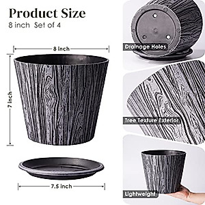 JOFAMY Thickened 8 Inch Plant Pots, 4-Pack Sturdy Plastic Planter with Drainage Holes & Saucers, Large Tree Texture Pattern Indoor Flower Pots & Outdoor Plants Decorative
