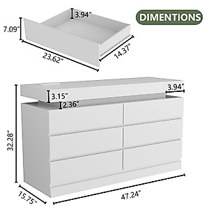 Gyfimoie 6 Drawer Dresser with Power Outlet, White Dresser with LED Light, Modern Chest of Drawers for Closet, Double Wide Drawer Organizer Cabinet for Bedroom, Living Room, Entryway, Hallway