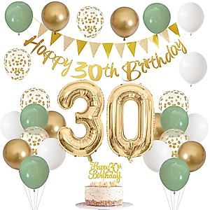 30th Birthday Decorations for Women Men, Happy 30th Birthday Banner with Birthday Cake Topper Number 30 Foil Balloon Sage Green White Gold Birthday Balloons for 30 Year Old Birthday Party Decoration