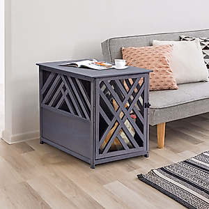 PawHut Furniture Style Wood Dog Crate End Table Decorative Dog Cage Kennel Lattice Night Stand with Lockable Door, Grey
