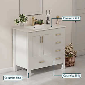 DEYGIA 36" Bathroom Vanity with Sink with Faucet, Single Sink Bathroom Vanity with 5 Drawers, Mirror, Pedestal,Ceramic Countertop, Ceramic Sink, Soft-Close Doors (White)