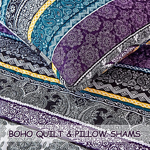 WONGS BEDDING Boho Quilt Set Full Size, Purple Bohemian 3 Pieces Quilt Sets, Lightweight Summer Bedspread Coverlet Bedding Set for All Season (90"x78")