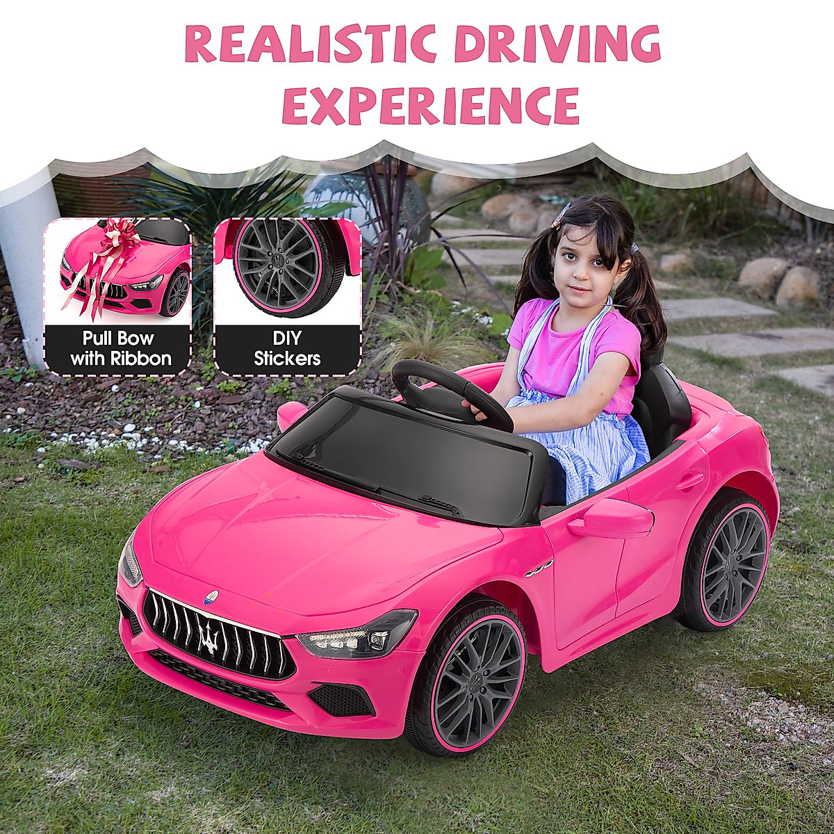 TOBBI Kids Ride on Car, 12V Licensed Maserati Ghibli, Electric Car for Boy Girl with Remote Control, 3 Speeds, Music, Bright Lights, MP3, USB, Electric Vehicle for Kids Ages 3-6 Years, Pink