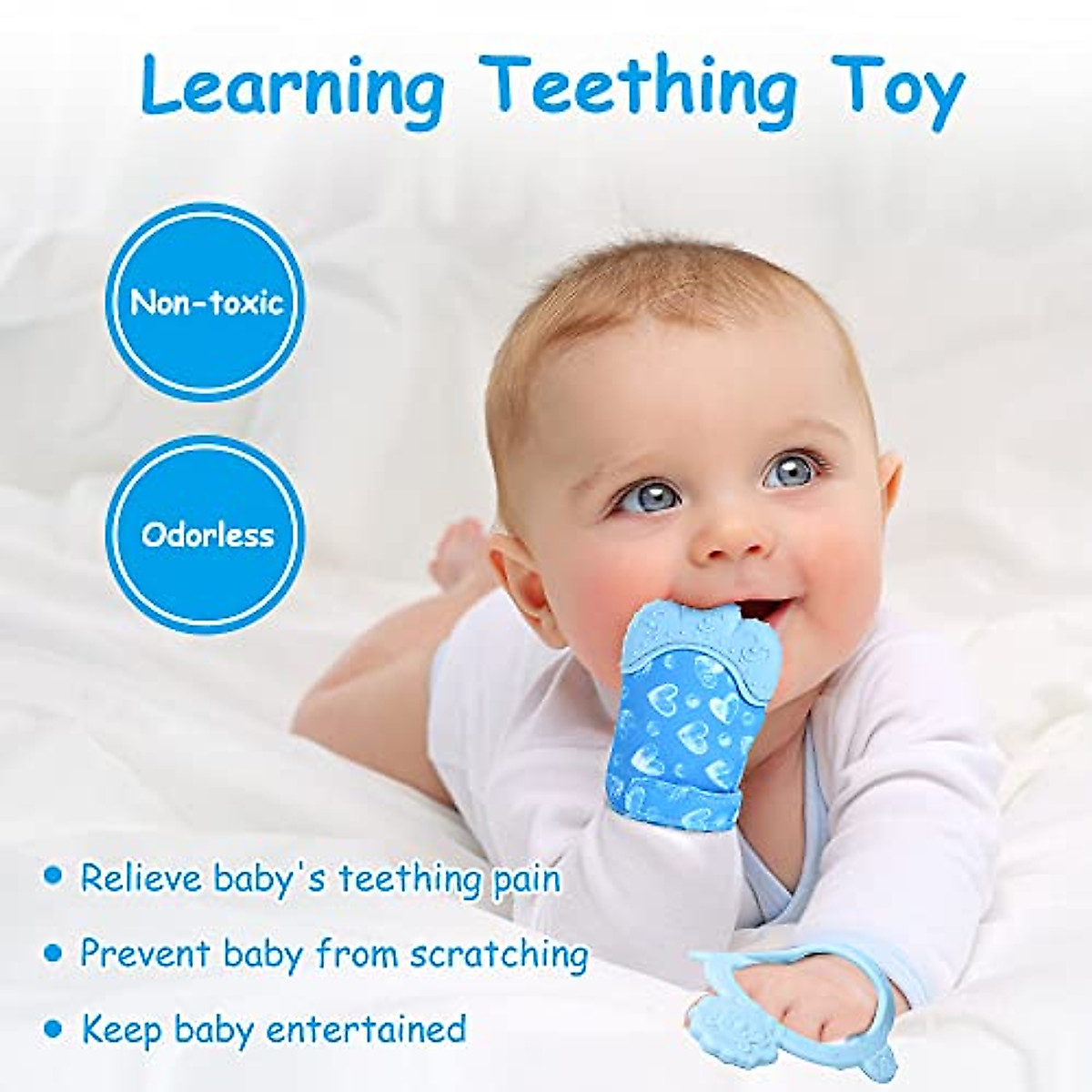 Vicloon Silicone Teething Mitt, 2Pcs Baby Teething Mitten with Adjustable Strap, Crinkle Sound and Textured, Self Soothing Baby Chew Toys for 0-6month Infants