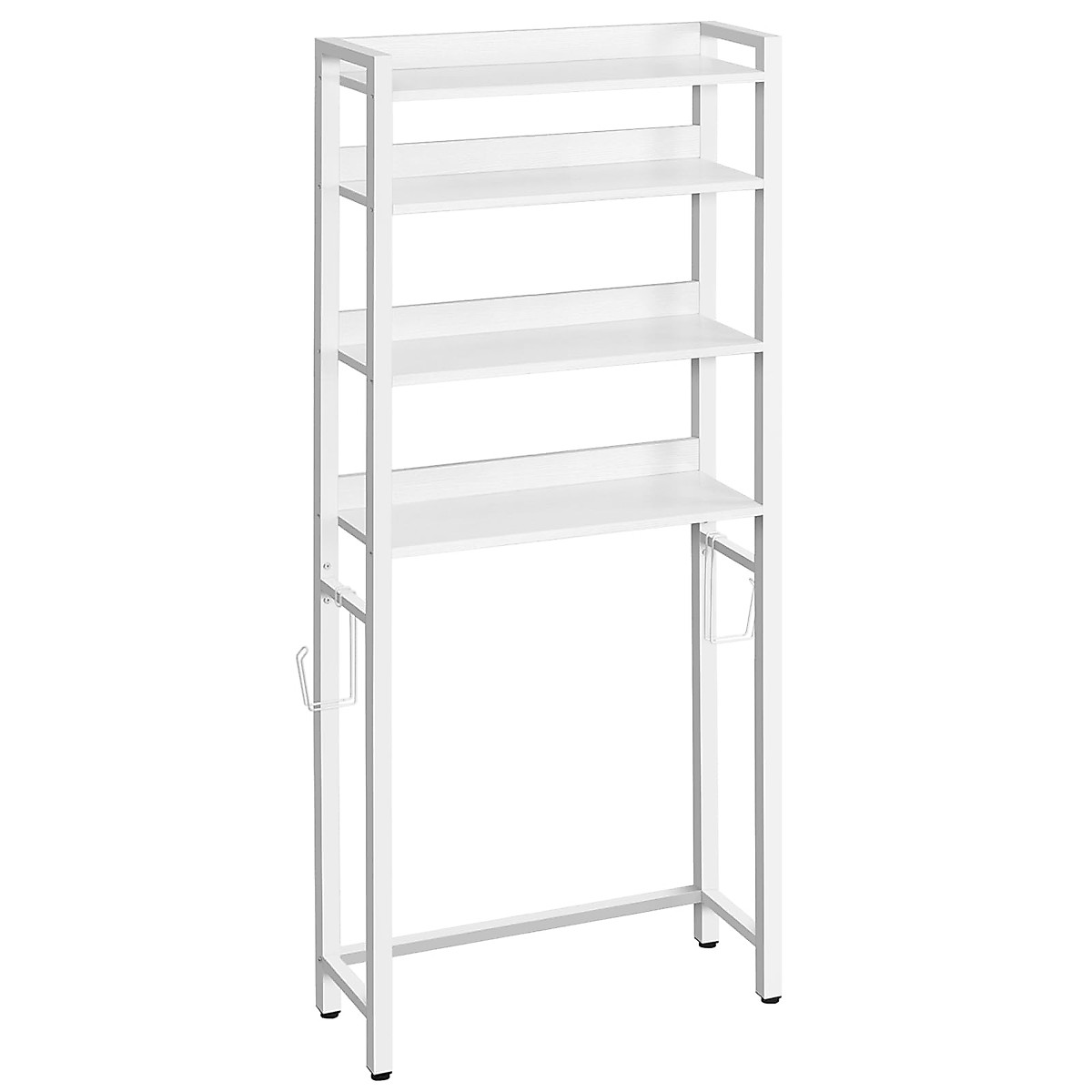 MAHANCRIS Over The Toilet Storage Rack, 4 Tier Bathroom Organizer Over Toilet, Freestanding Space Saver Toilet Stand with 2 Hooks, Bathroom Storage Shelf, Easy to Assemble, White TSBW0401
