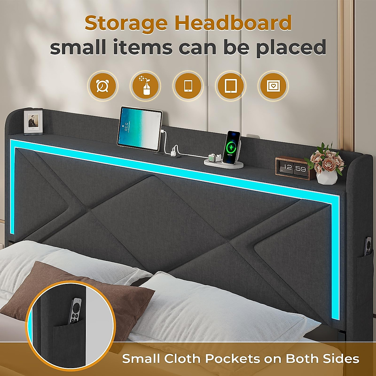 HAUOMS Queen Bed Frame with Stoarge Drawers and LED Lights, Upholstered Platform Bed with Type-C & USB Charging Station, LED Bed Frame Queen with Storage Headboard, No Box Spring Needed, Dark Grey