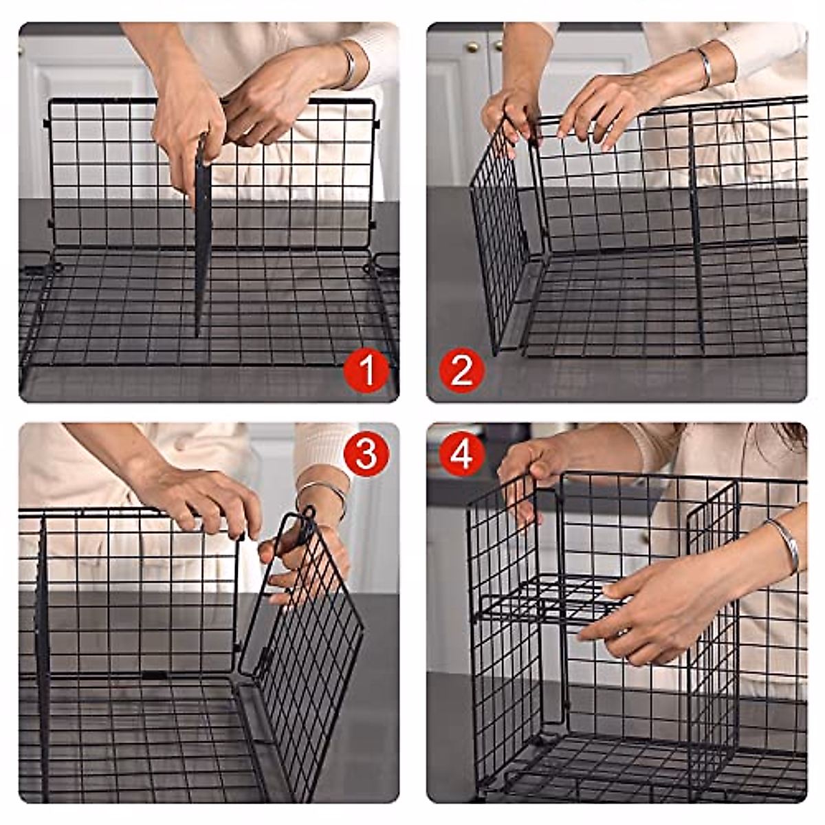 Stackable Wire Basket for Kitchen & Pantry, 4 Tier Countertop & Cabinet Spice Rack with Adjustable Dividers, Metal Spice Organizer Storage Basket for Spice Canned Snack Black