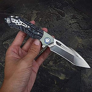 NEWOOTZ Skull Theme Folding Pocket Knife with Leather Sheath, Handmade Titanium Damascus Steel Decoration Handle,4in 58-60HRC Blade, EDC Cool Outdoor Tanto Point Knives for Men Women