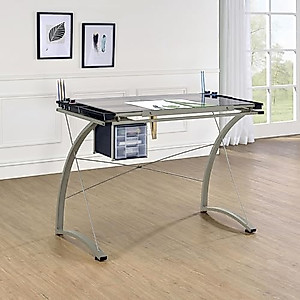 Coaster Home Furnishings Melo Modern Drafting Table for Office Drawing Desk Adjustable Angle Top Smoked Tempered Glass Top with Reversible Drawers Steel Frame Silver 800986