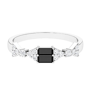 Baguette Black Onyx Promise Ring For Women, Natural Black Onyx Ring with Diamond, 14K White Gold, Size:US 10.00