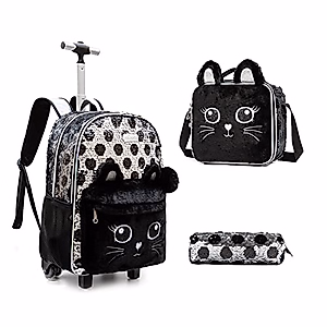 JSMNIAI Cute Cat Rolling Backpack for Girls Rolling Backpacks Set with Wheels Kids Luggage for Elementary Students with Lunch Box Travel Suitcase